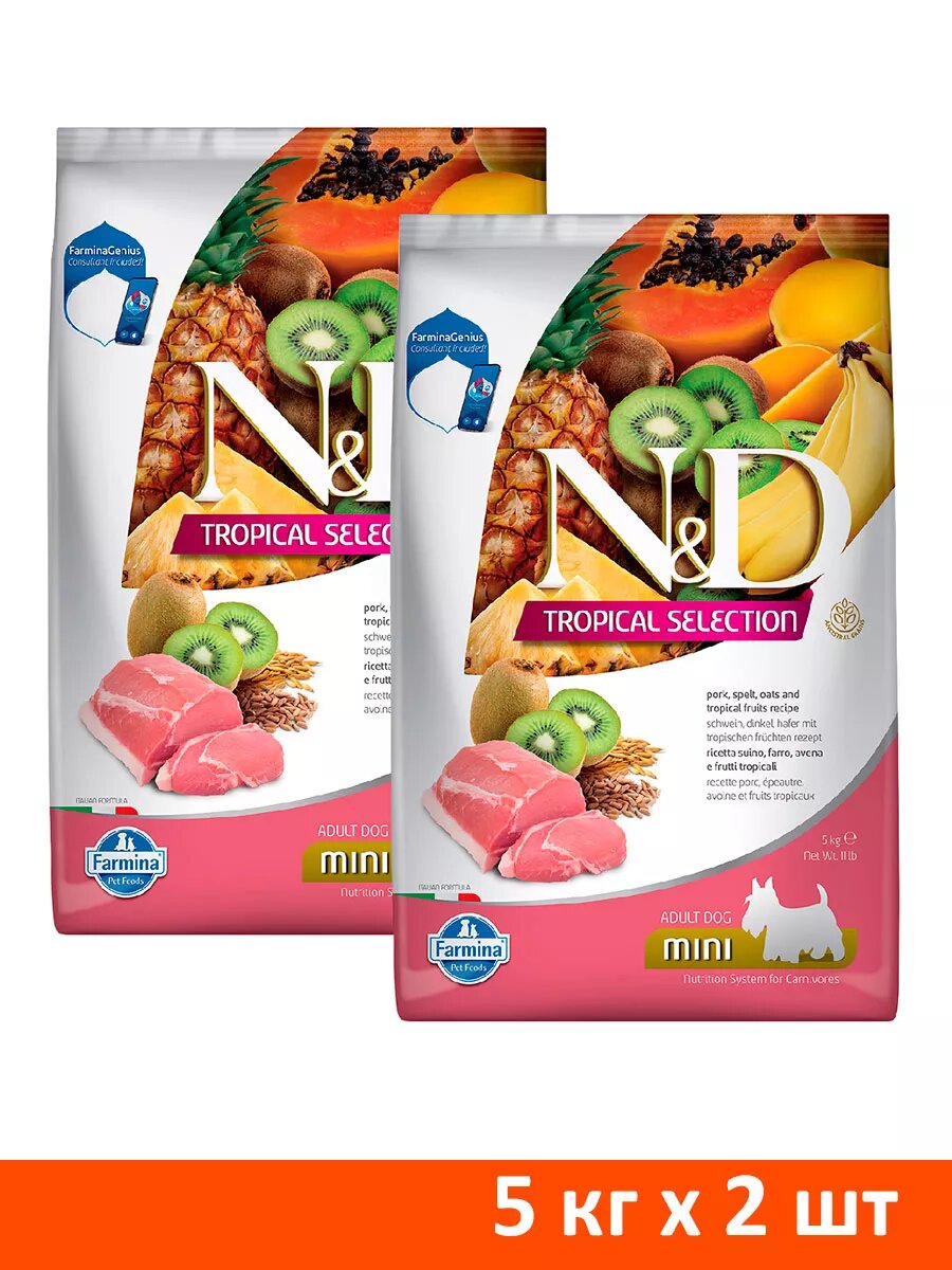 Корм сухой Farmina Dog N&D Tropical Selection Adult Mini Pork для взрослых собак мелких пород со свининой, 5 кг х 2 шт