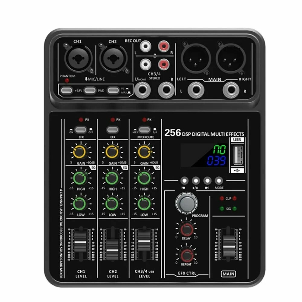 4-канальный аудиомикшер с фантомным питанием 48 В, USB-микшерный пульт DJ Bluetooth для микширования и караоке