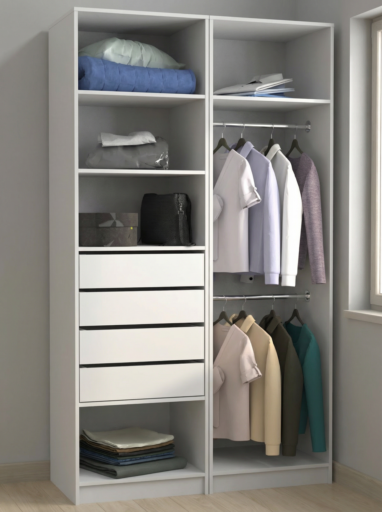 Открытый гардеробный шкаф Макс-13 с 2 штангами для вешалок, 5 полками и 4 ящиками, ШхГхВ: 120х50х210 см, белый