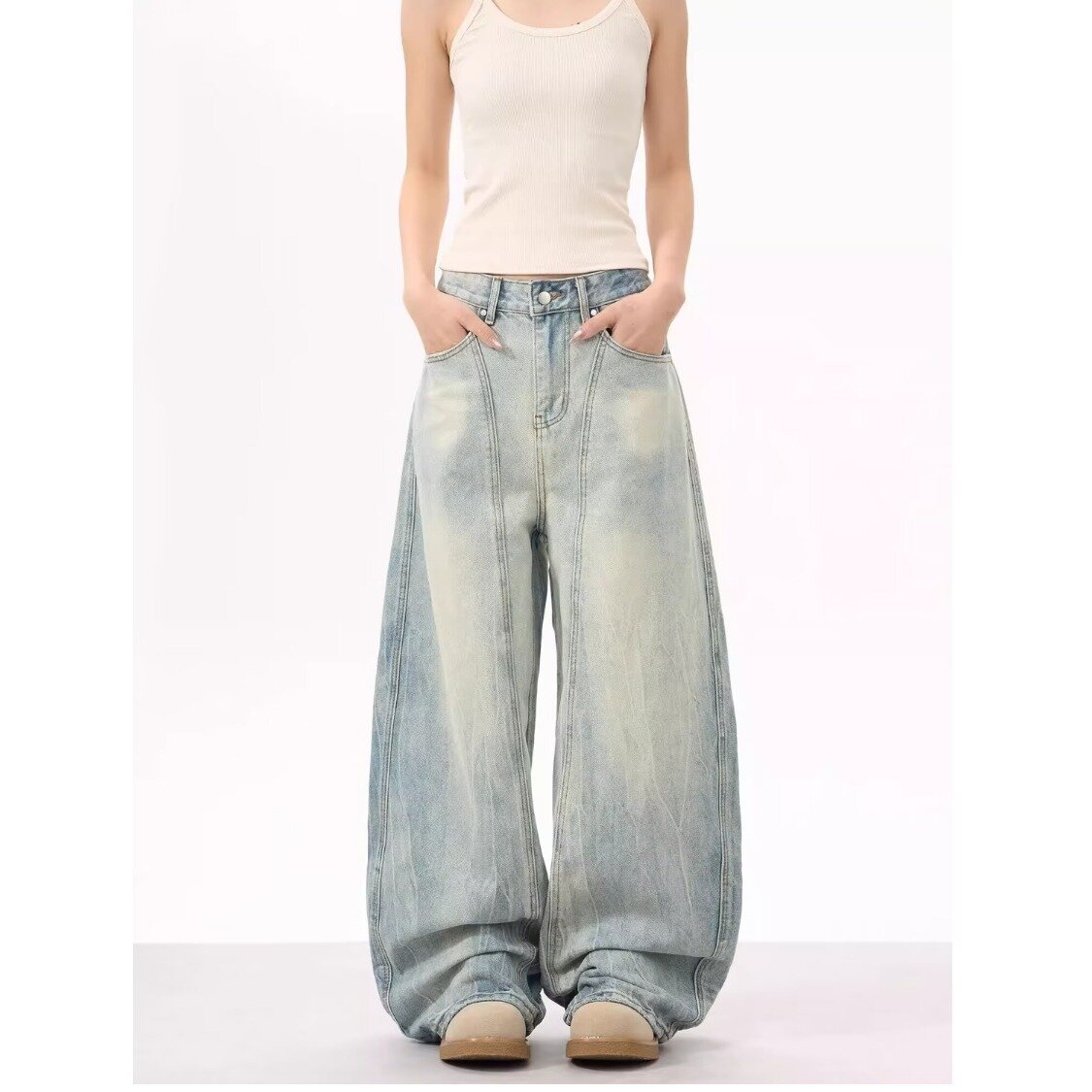 JYL Джинсы Женские Карго Винтажные Большие Карманы Стильные Деним, Размер_S