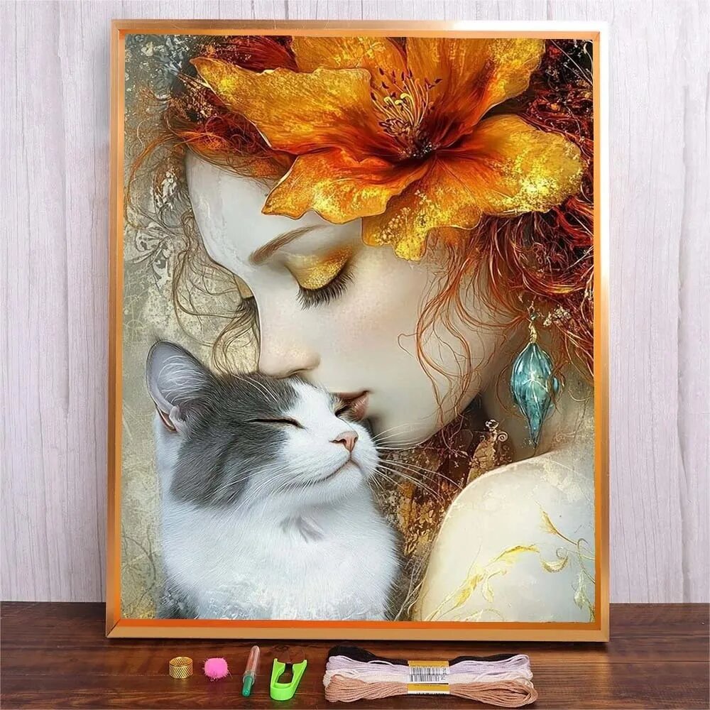 Набор для вышивки крестом "Девушка с кошкой" 30x40cm, 14CT Cotton Threads