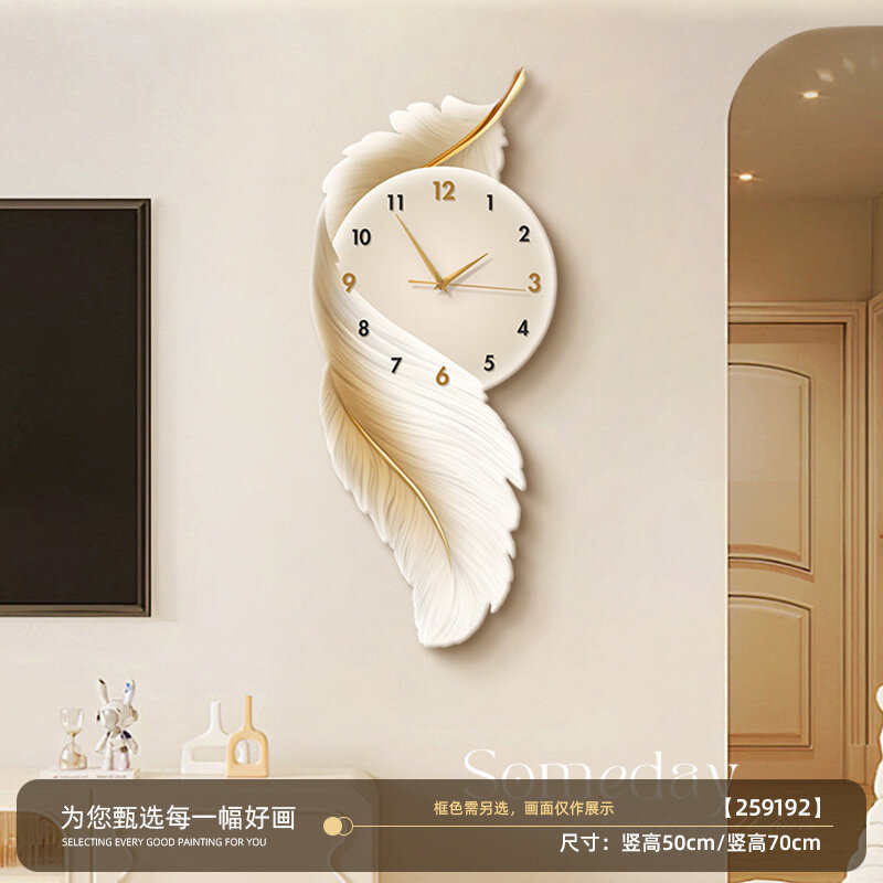 Часы Настенные Часы Гостиная 2025 Новая Модель Ресторан Декоративная Картина Легкая Роскошь Перьевые Часы Высококачественное Ощущение Гостиная Бесшумные Настенные Часы