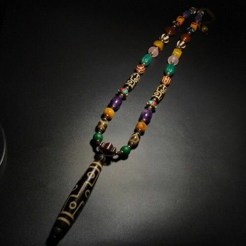 Тибетский старый агат Дзи 9 глаз и многочисленные тотемы, бусы, necklace J1108