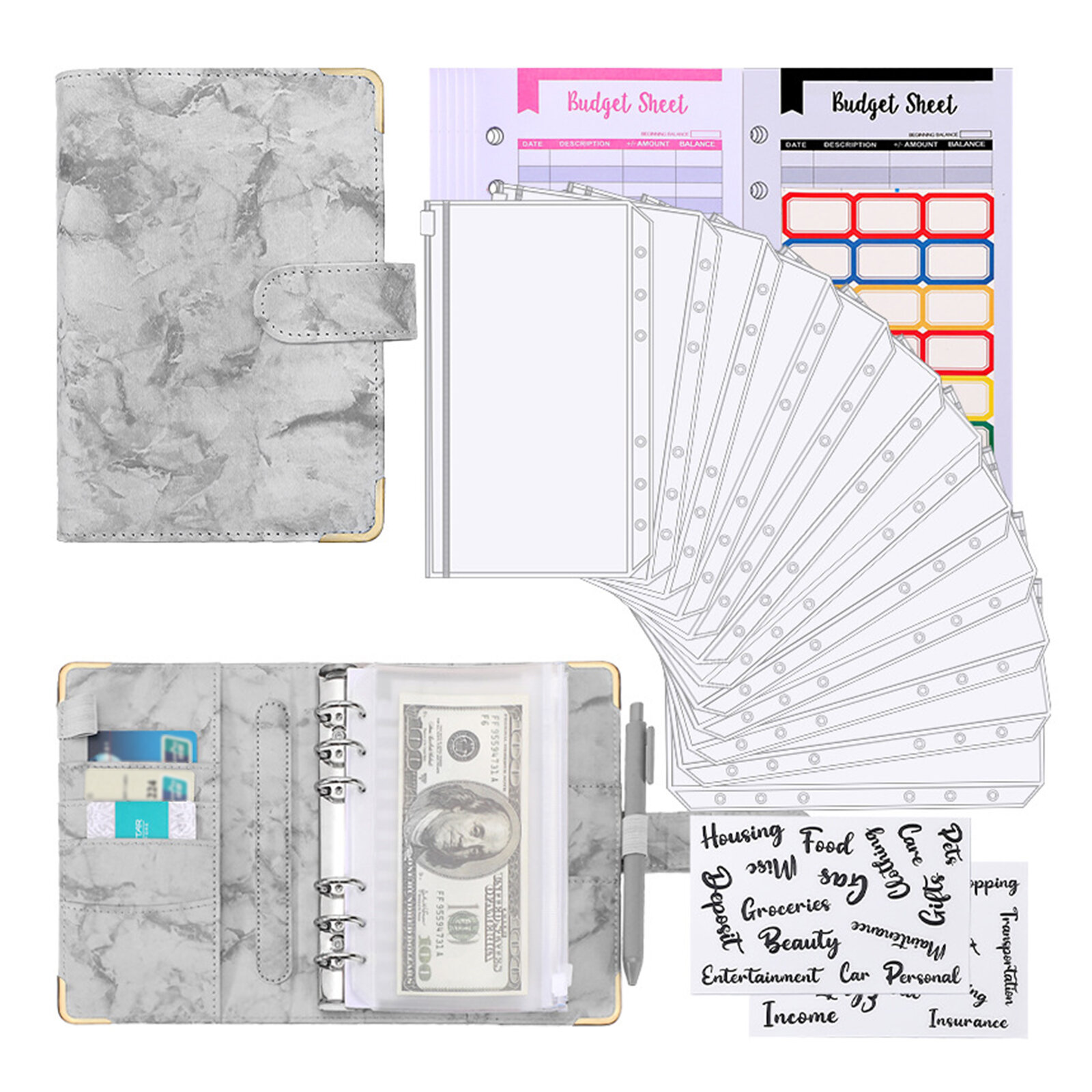 A6 Budget Binder Grey Black Pink Yellow Blue PU Leather Notebook Cover Zipper Envelopes Lable Stickers Ruler Money Organizer System Bill Money Card Saving Planner Birthday Gift 1 A6 PU Leather Binder Cover 12 Zip Pockets 12 budget Sheets 2 English word