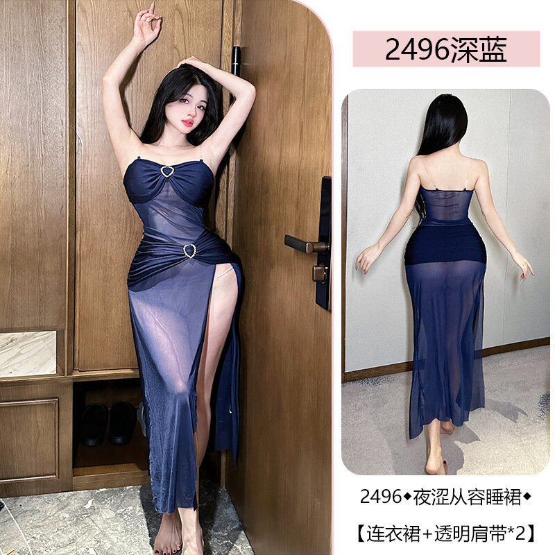 Сексуальное прозрачное платье без бретелей с открытыми плечами, соблазнительный прозрачный дизайн, обнажает ягодицы, не нужно снимать нижнее белье 2496. Темно-синее платье + прозрачные бретели бюстгальтера *2