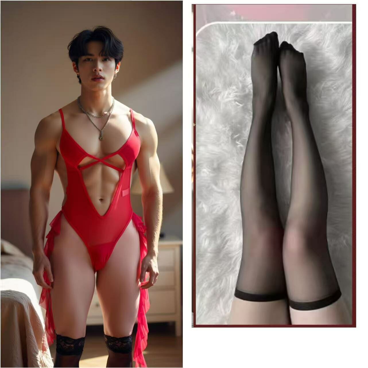 Эротическое нижнее белье больших размеров для мужчин, костюм горничной, не требующий снятия, красная шелковая униформа для пар, демонстрирующая воздержание и игривый стиль.