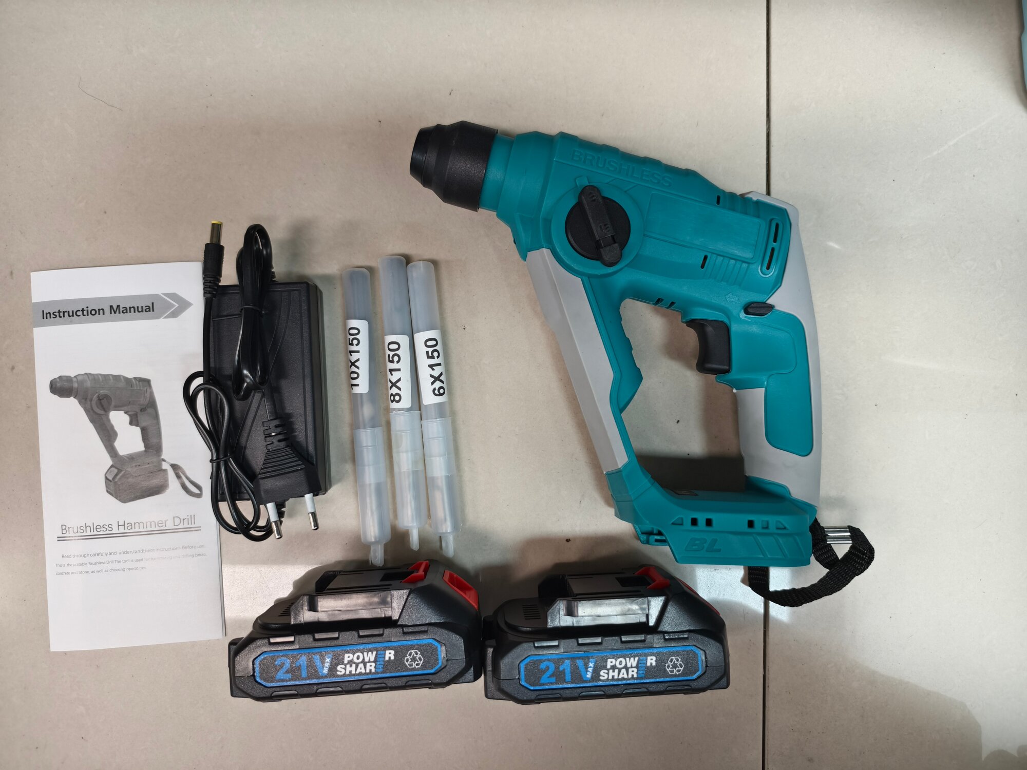 Электрический перфоратор 21 В, бесщеточный, 2,0 Дж, аккумуляторный, мощный, с точным запуском и максимальным контролем крутящего момента для сверления стали, бетона, дерева, вилка европейского стандарта, с 2 аккумуляторами по 2000 мАч.