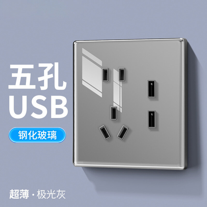 Стеклянный серый пятиконтактный розеточный блок с USB 86 мм, стеклянный финиш