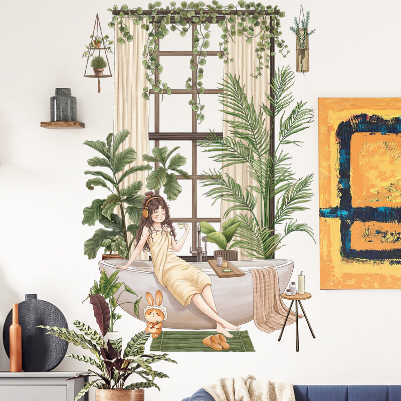 Наклейка из листьев свежих растений окно девушка лоза растение фон Наклейка на стену съемные обои KBQN-AB Очень