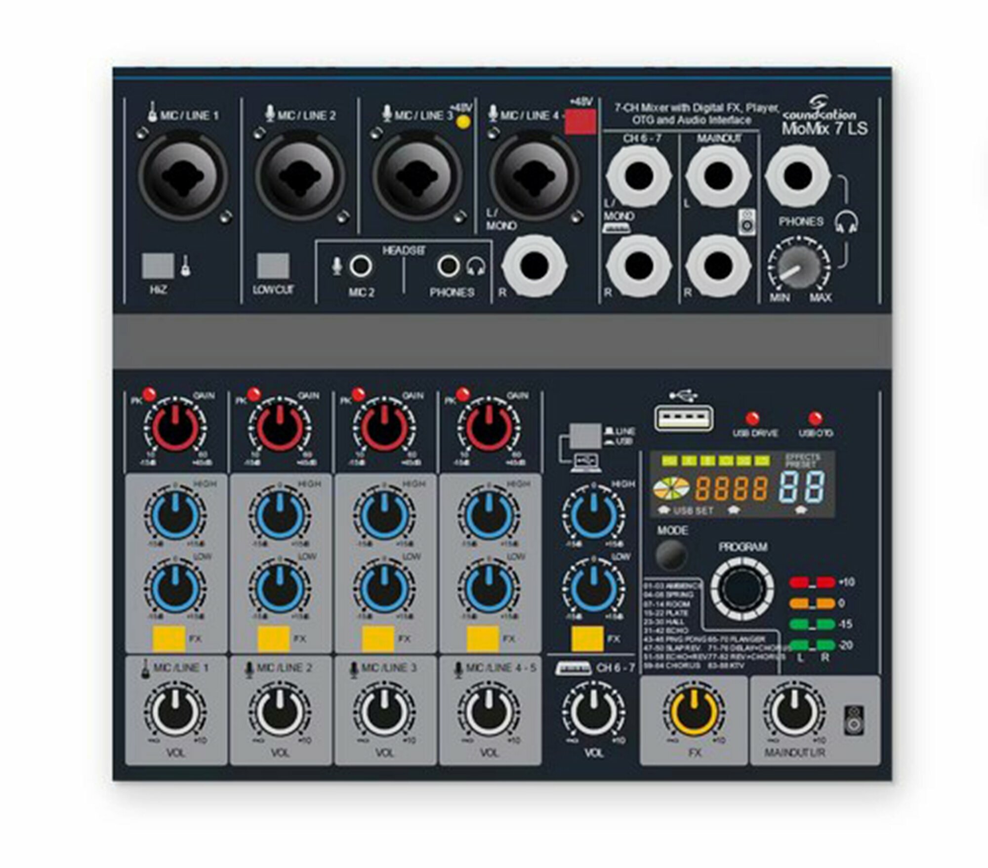 MioMix-7LS Микшерный пульт, 7 каналов, фантомное питание +48 В, Soundsation