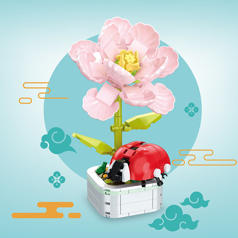 Кубики для строительства Flower Blocks, совместимые с кубиками Lego, горшечная растительность, пазл, собираемые насекомые, бабочка, ландшафтные украшения, подарки 103F(F6 божья коровка в горшке [цветная коробка] -161г)