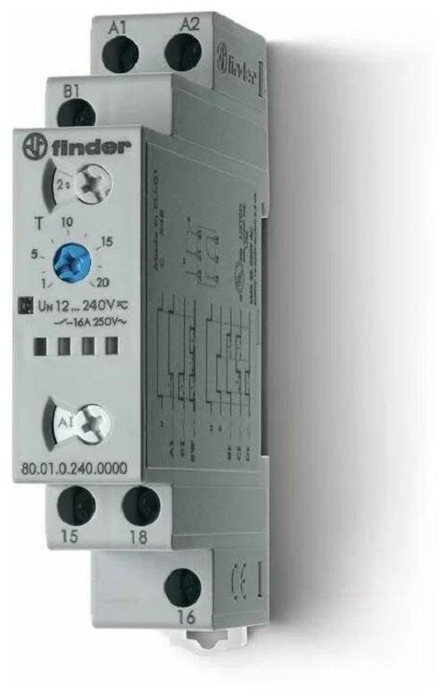 Таймер FINDER модульный мультифункциональный, AI, DI, SW, BE, CE, DE, питание 12-240В АС DC, 1СО 16 А, ширина 17.5 мм, регулировка времени 0.1 с-24 ч, IP20