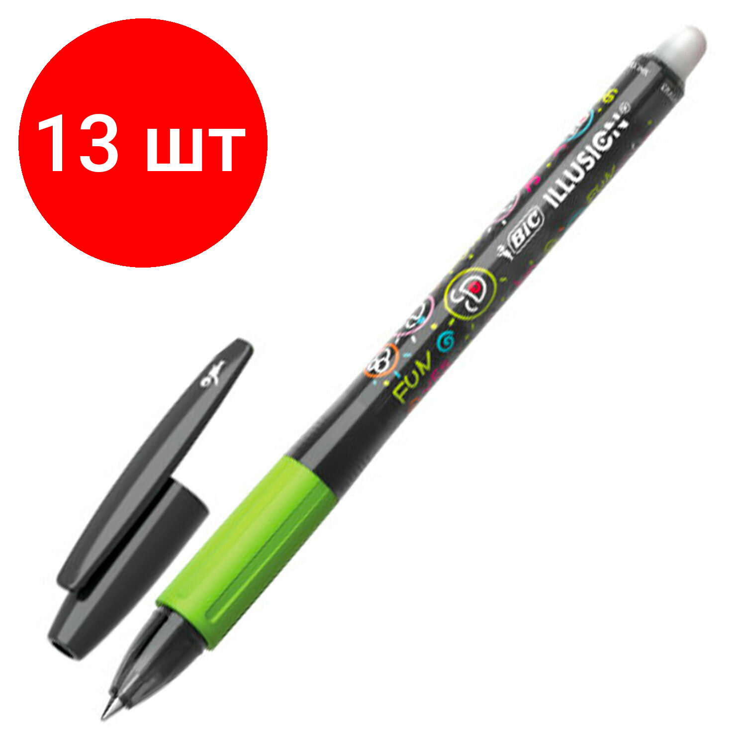 Комплект 13 шт, Ручка стираемая гелевая с грипом BIC Gelocity Illusion, черная, корпус черный, линия 0.3мм, 516523