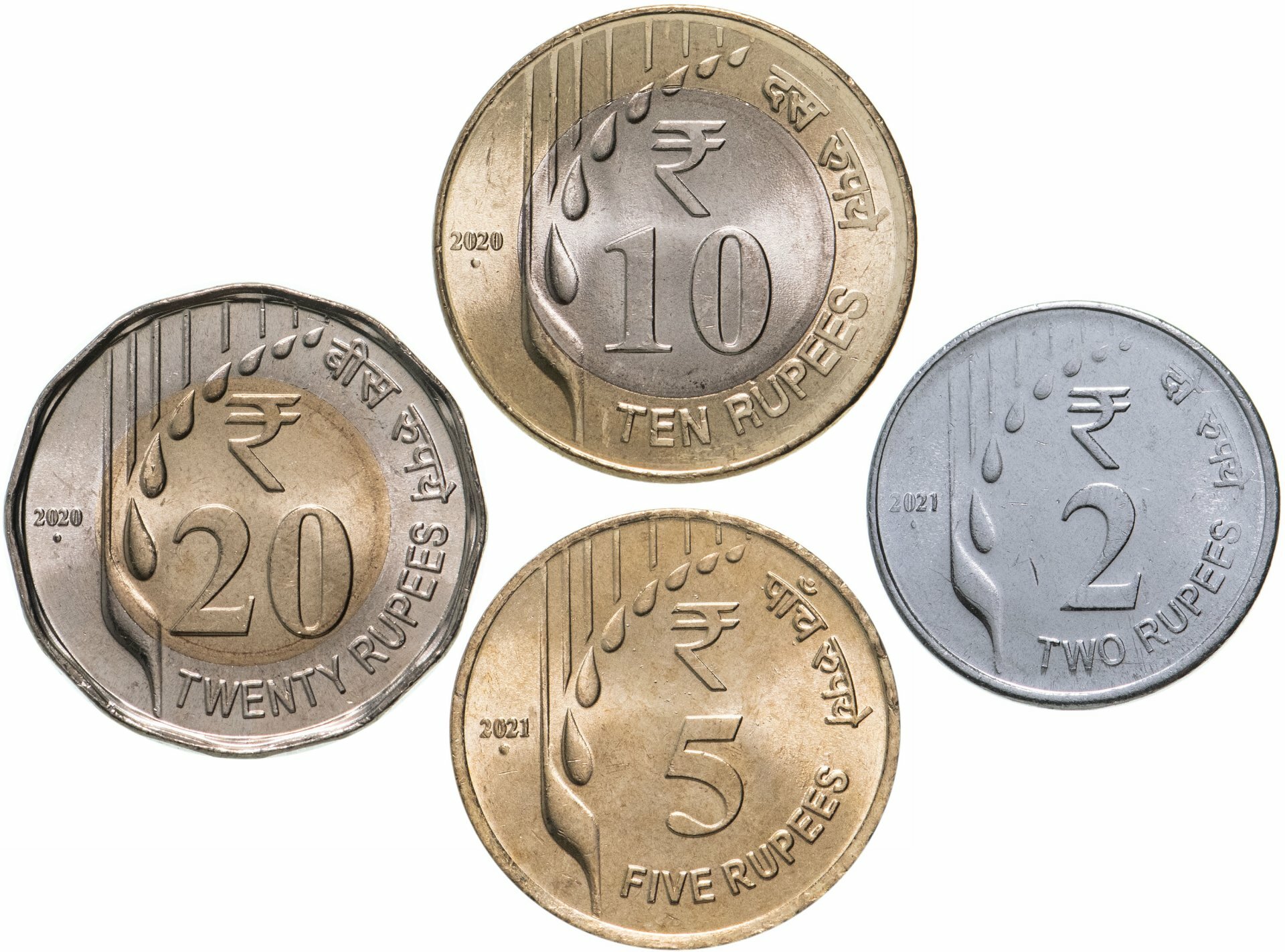 Индия набор монет 2020- 2021 4 штуки новый дизайн, Биметалл, в сохранности UNC