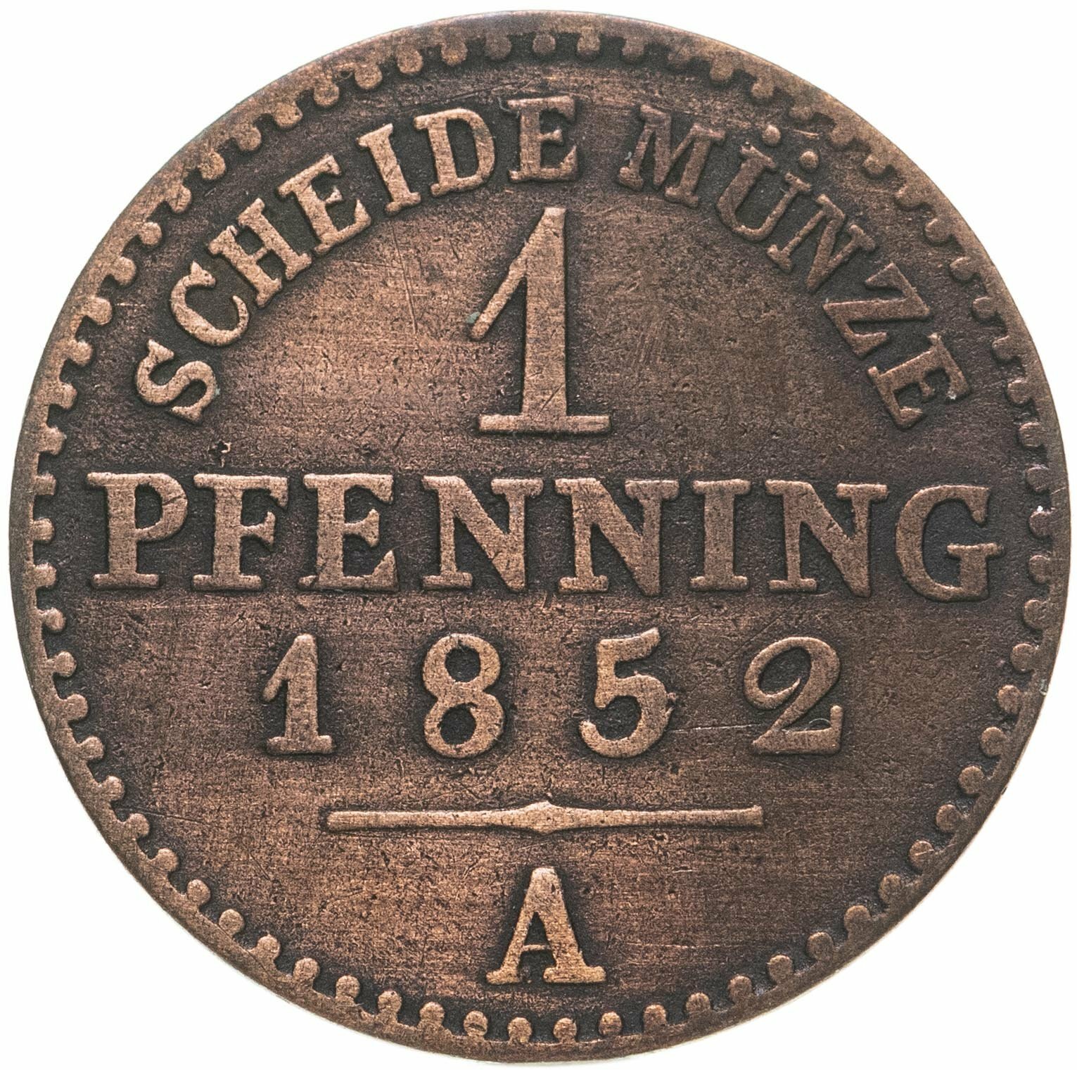Германия, Пруссия 1 пфенниг 1852, Медь, в сохранности VF