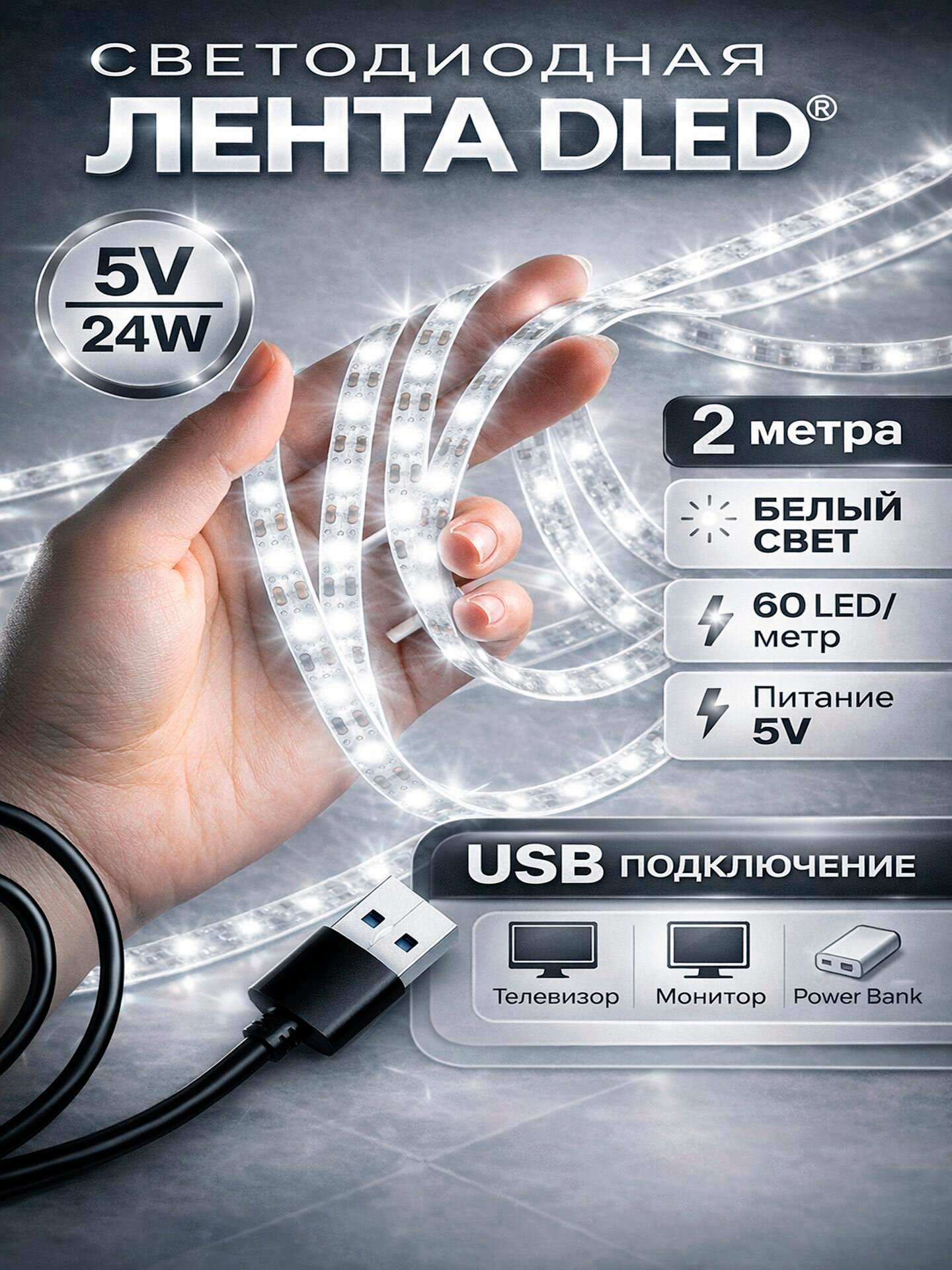 Светодиодная лента 60 LED на метр с USB разъемом для телевизора, монитора, внешнего аккумулятора / питание 5V, длина 2 метра, цвет свечения - Белый