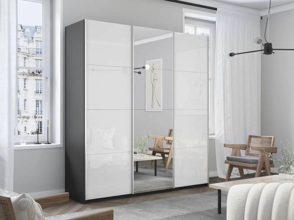 Шкаф-купе Билли 3-х дверный, (Зеркало/2 Стекла бел.) 180х57х230 см. Серый диамант