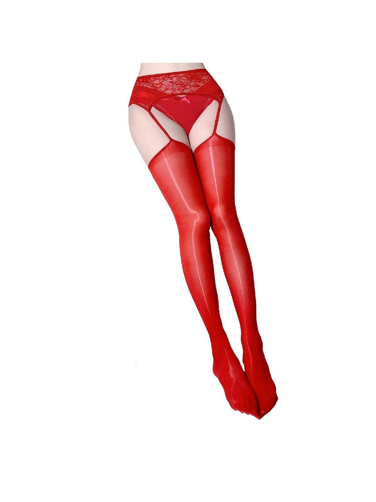 Женские блестящие колготки с подвязками, красный