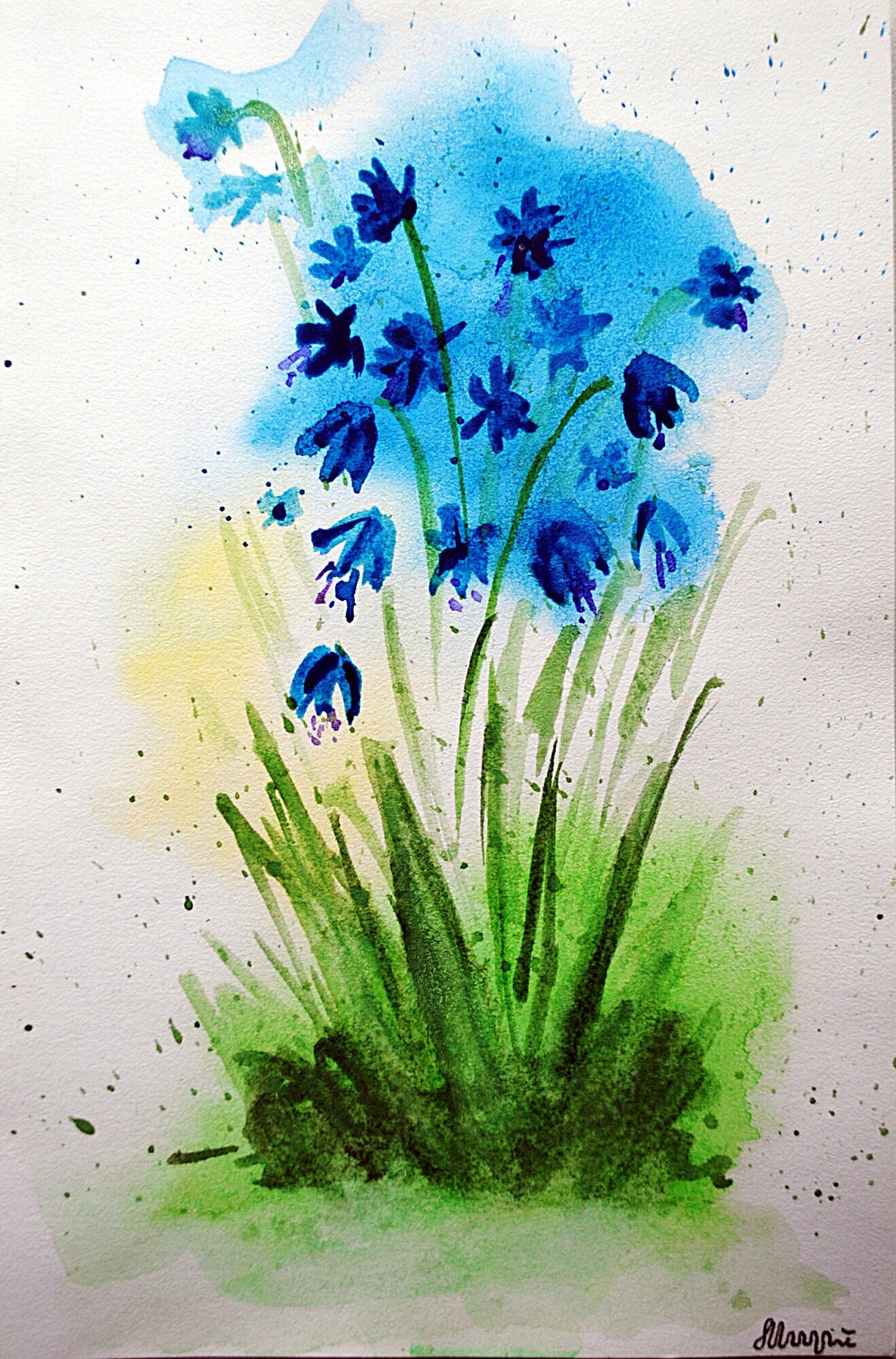 Картина акварель Пролески. Картина с цветами. Авторская картина. Без рамы. 18,5х12 см