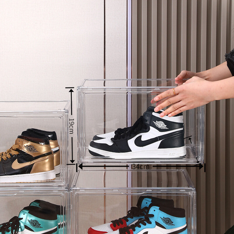 Прозрачная коробка для обуви, утолщенная, с магнитным боковым открытием, большая акриловая пылезащитная коробка для хранения AJ, органайзер для кроссовок
