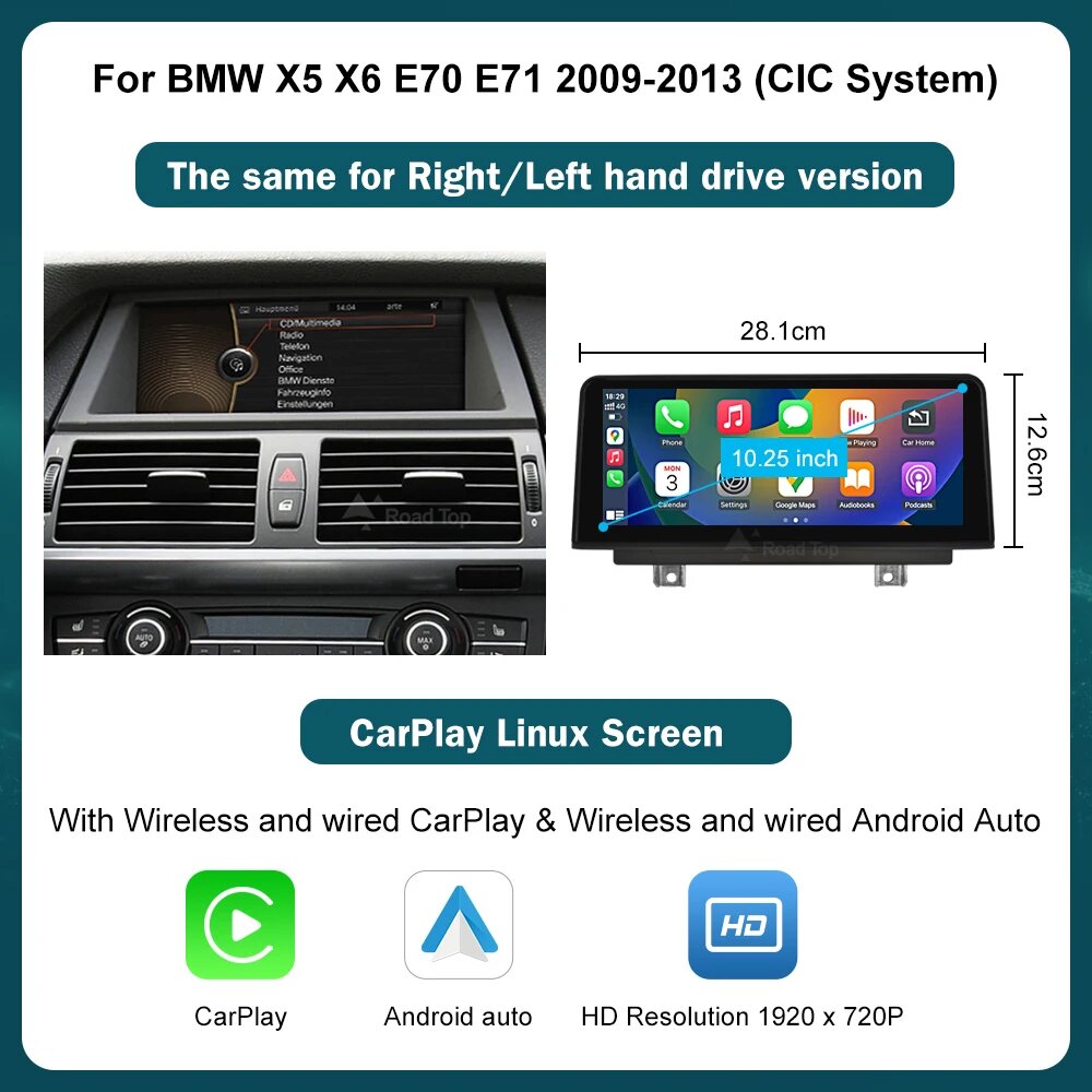 RoadTop Wireless Carplay для BMW X5 X6 E70 E71 2007-2013 CCC CIC System Мультимедийный дисплей Сенсорный экран Android автоматический головное устройство 10.25 CIC