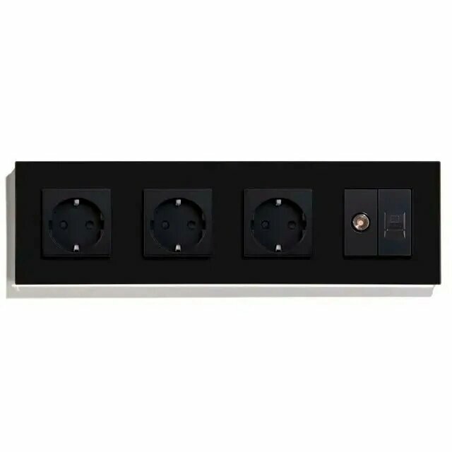 Розетка 4 поста с интернет/тв, CAT5e/TV, рамка 299х86мм стекло, цвет черный