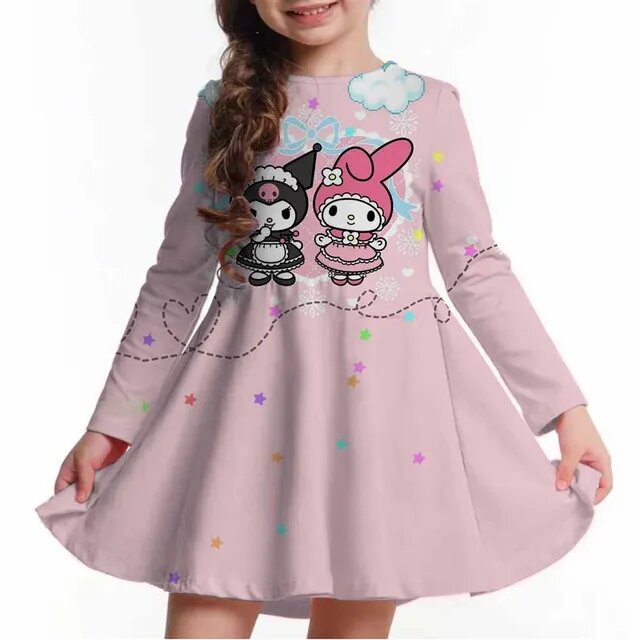 Платье с длинными рукавами и принтом Hello Kitty для девочек, идеально подходит для повседневной носки в праздничные дни, вечеринок или в качестве подарка.