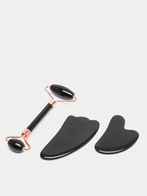 Нефритовый кварцевый роликовый массажер для лица, 2 скребка гуаша из нат. камня в коробке