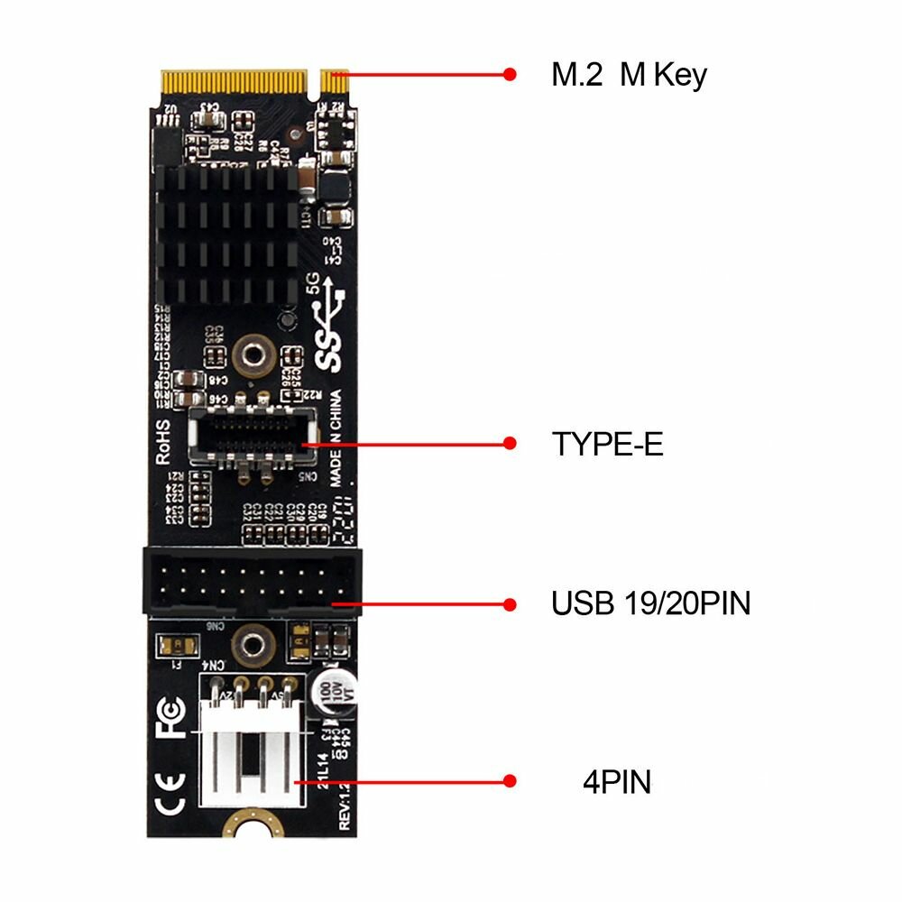 Контроллер PCIe M.2 (NEC D720201) USB 3.2 Gen1 5Gbps, Type-E + 19PIN (ORIENT M2-NC3U-19E)