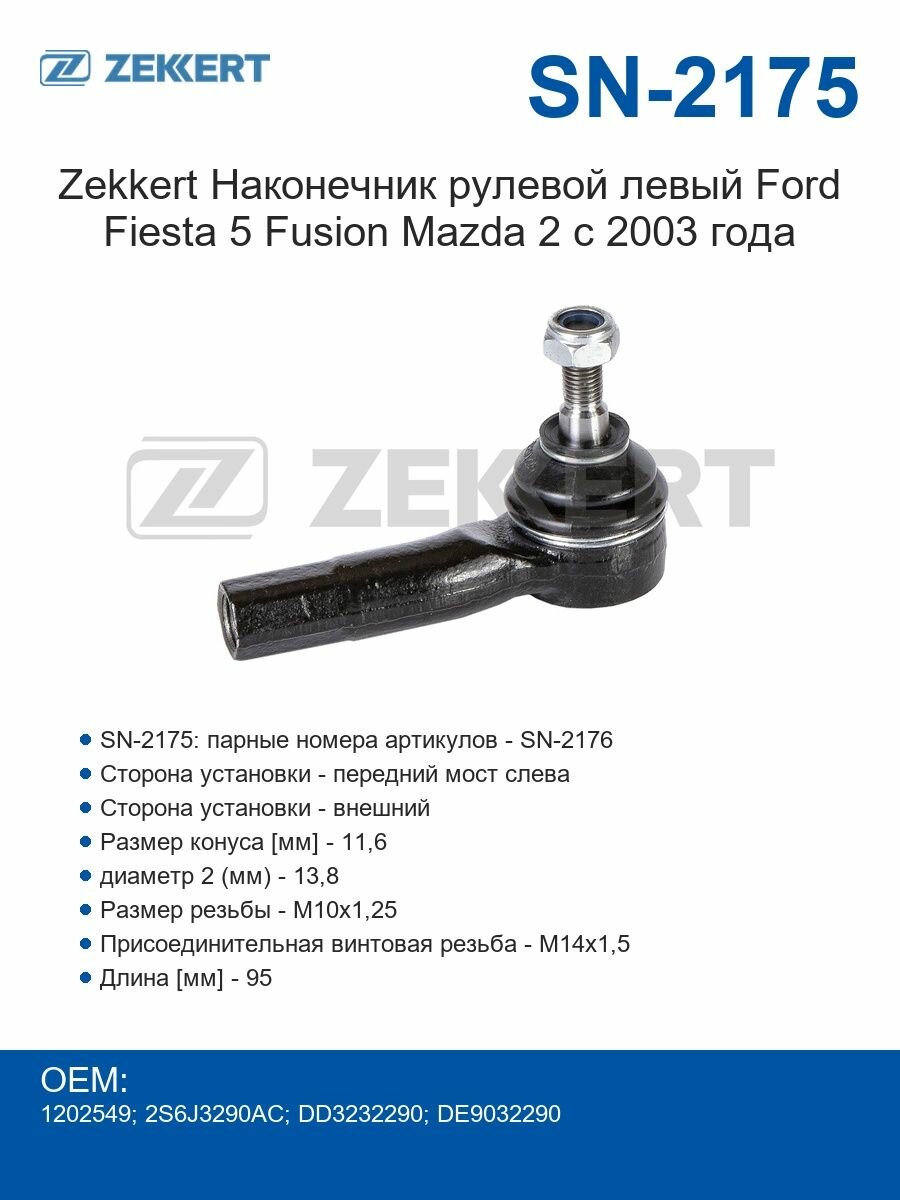 Zekkert Наконечник рулевой левый Ford Fiesta 5 Fusion Mazda 2 с 2003 года
