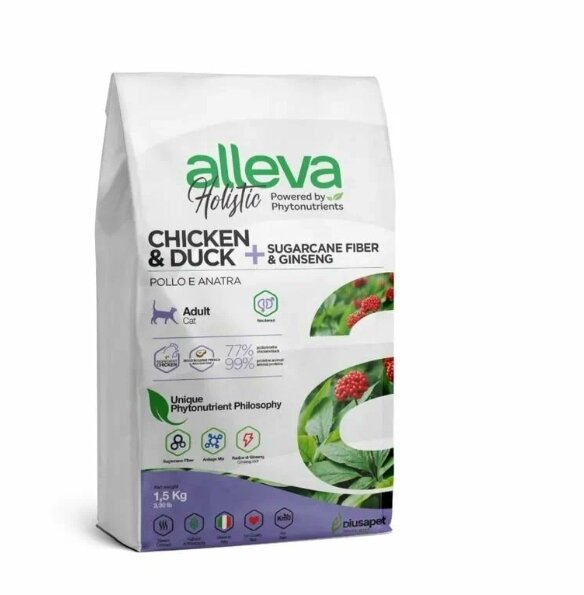 Сухой корм ALLEVA HOLISTIC Adult Chicken&Duck для взрослых кошек с курицей и уткой, алое вера и женьшенем 1.5