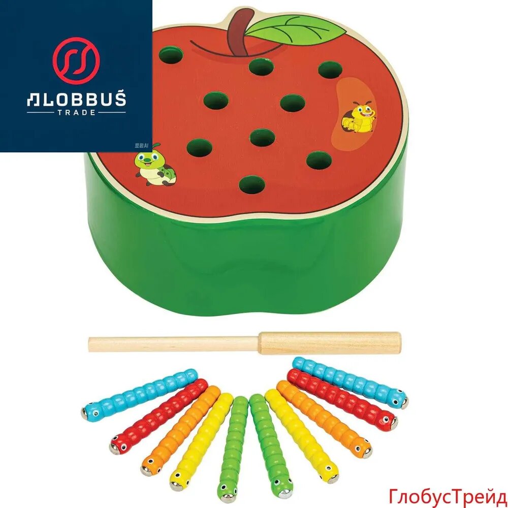 Сортер магнитная рыбалка червячки в яблоке BRAUBERG KIDS из дерева развивающая игрушка — фото 1