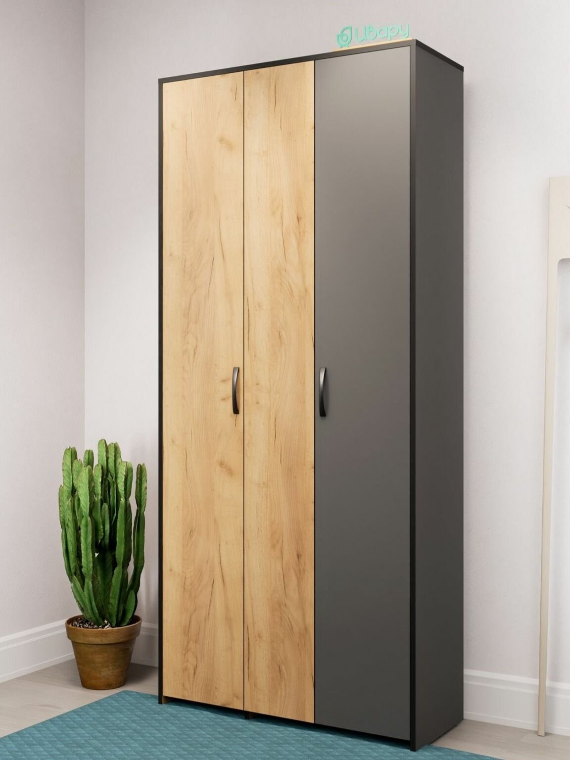 Распашной шкаф для одежды и хранения вещей Ольга Лофт 33 Ивару с полками, с вешалкой 90х35х200 см, дуб крафт золотой, темно-серый