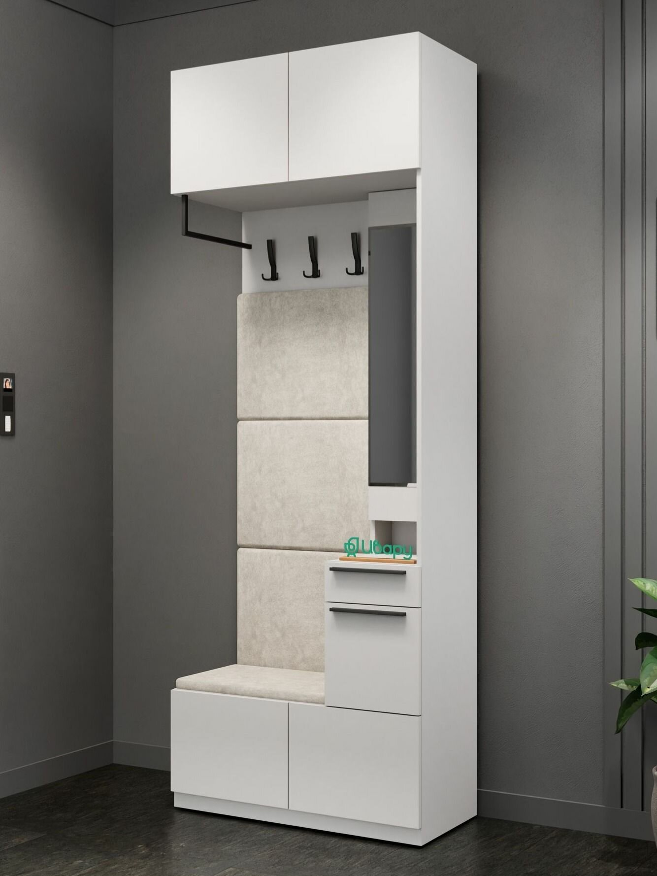 Прихожая комплект Николь 1 Ивару с вешалкой, со шкафом, с сиденьем, с обувницей, с зеркалом, 90х40х240см белый шелк, черный