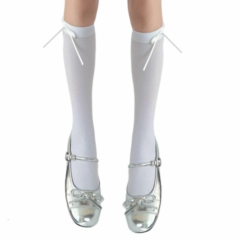 Женские японские атласные чулки до бедра с бантами, Белые телята