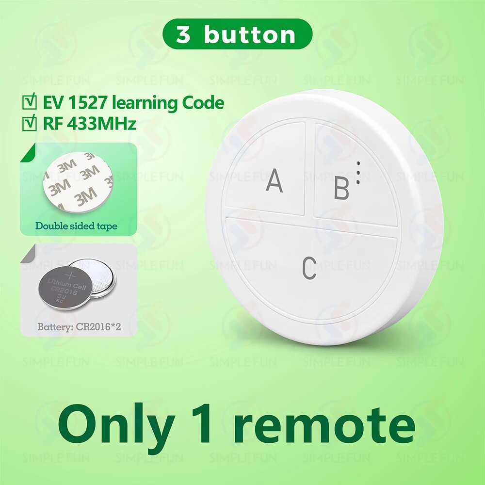 Беспроводной пульт 3 кнопки, RF 433MHz, EV1527, ONLY 1 remote-3g