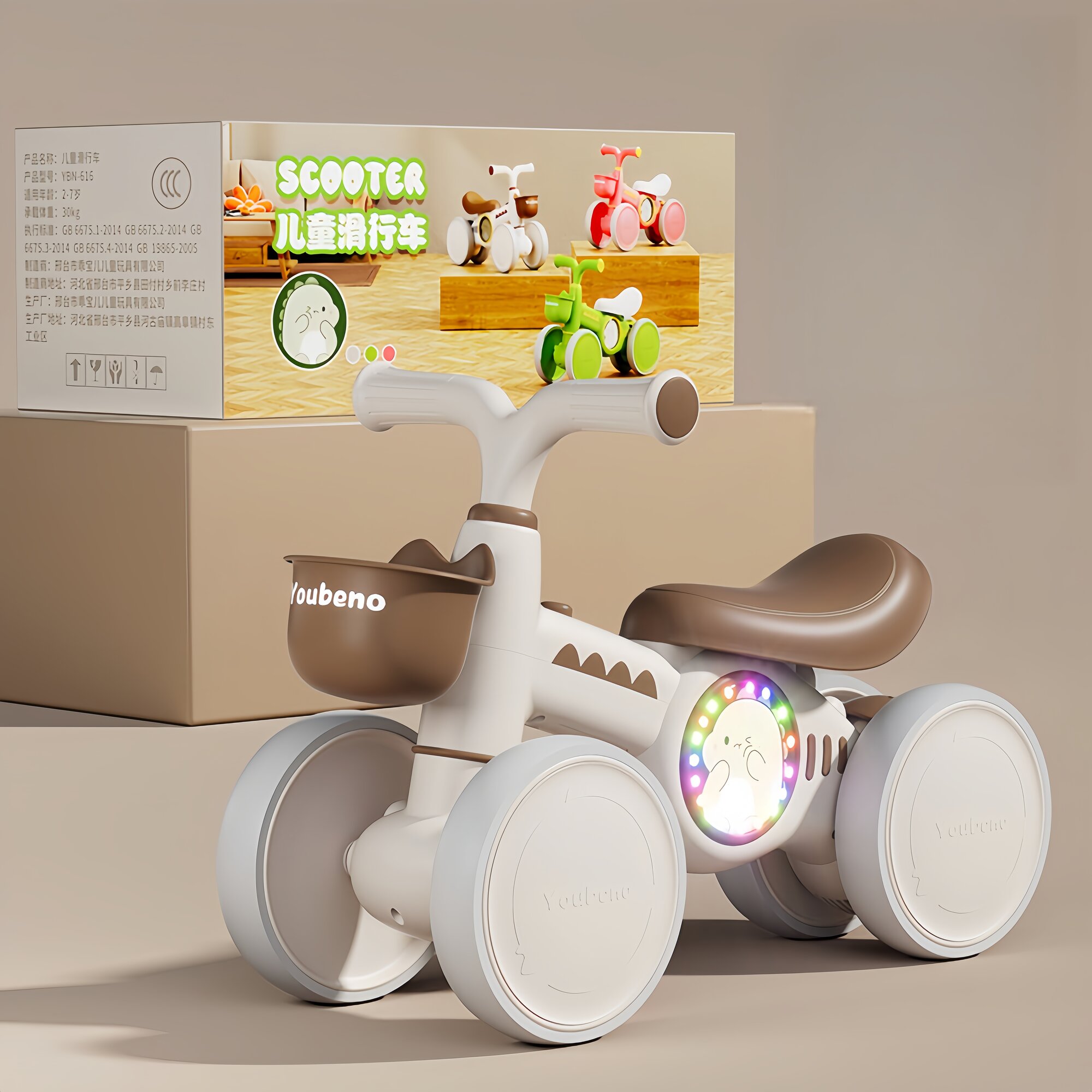 Детская коляска, пластик, металл, 1-3 лет, Четырехколесный детский самокат，Music + lighting，Coffee color