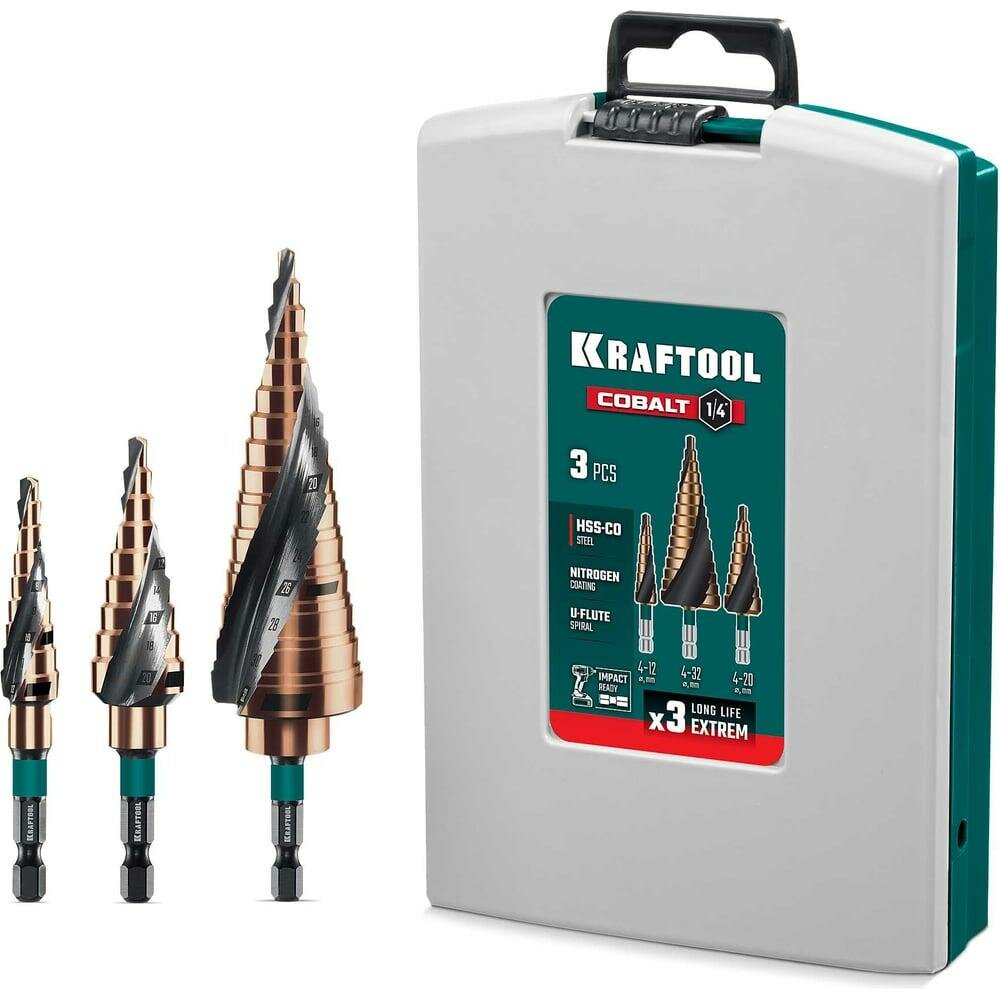 Набор сверл ступенчатых KRAFTOOL Cobalt 4-32 м, 3 шт 29691-4-32-H3