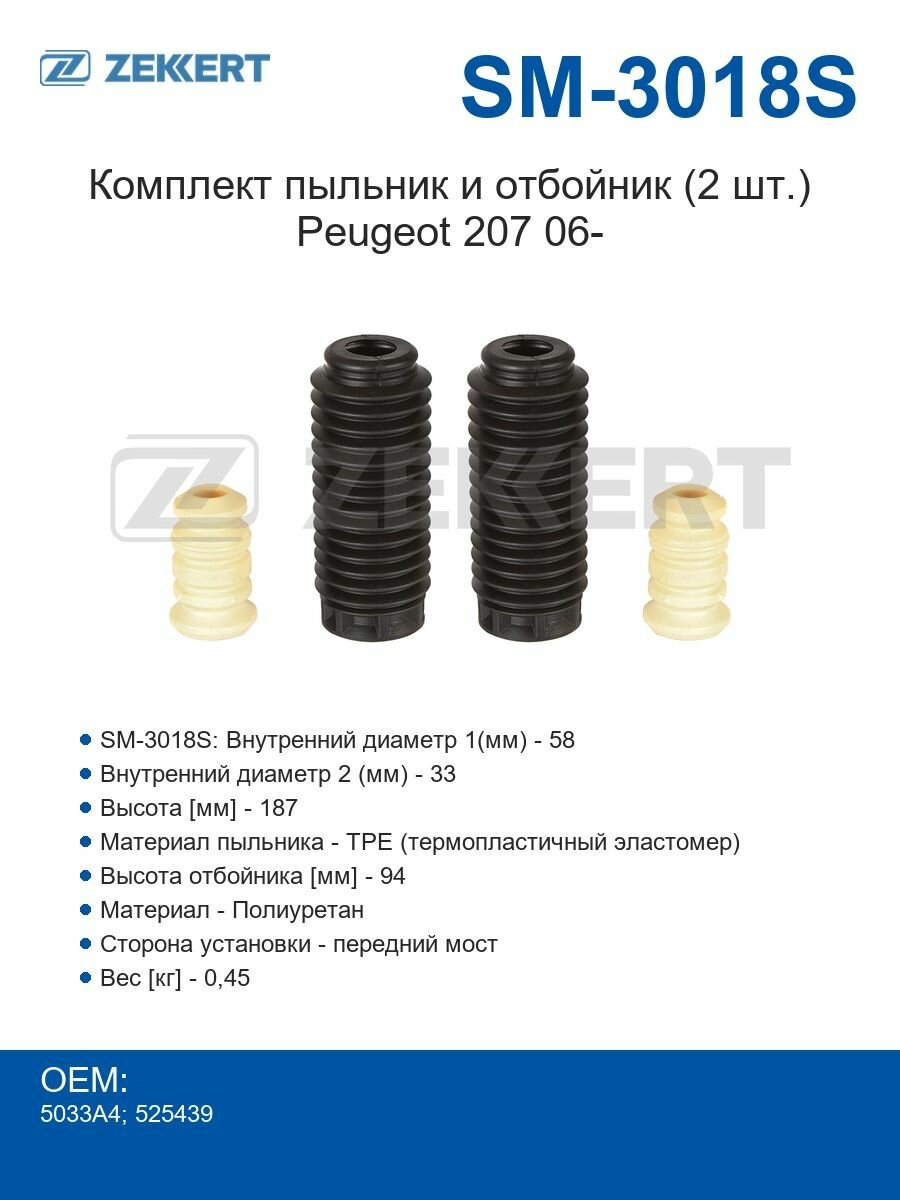 Zekkert Пыльники амортизатора/ Комплект пыльники и отбойники (2 шт.) Peugeot 207 с 2006 года