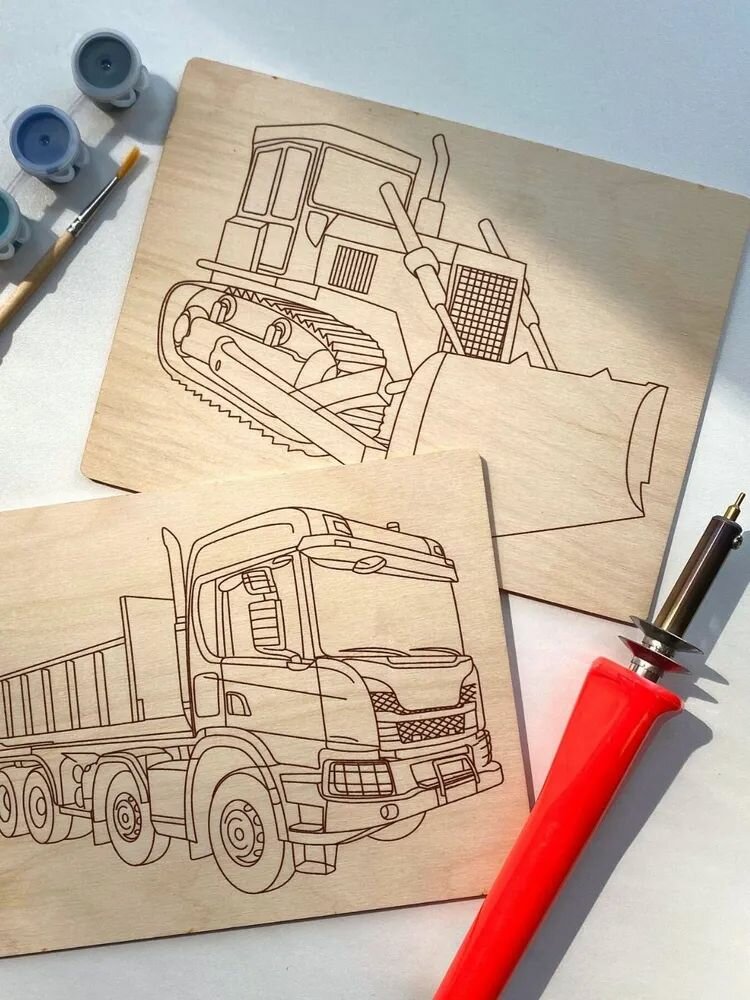 Доски для выжигания Строительная техника 20x15 см, 4 штуки