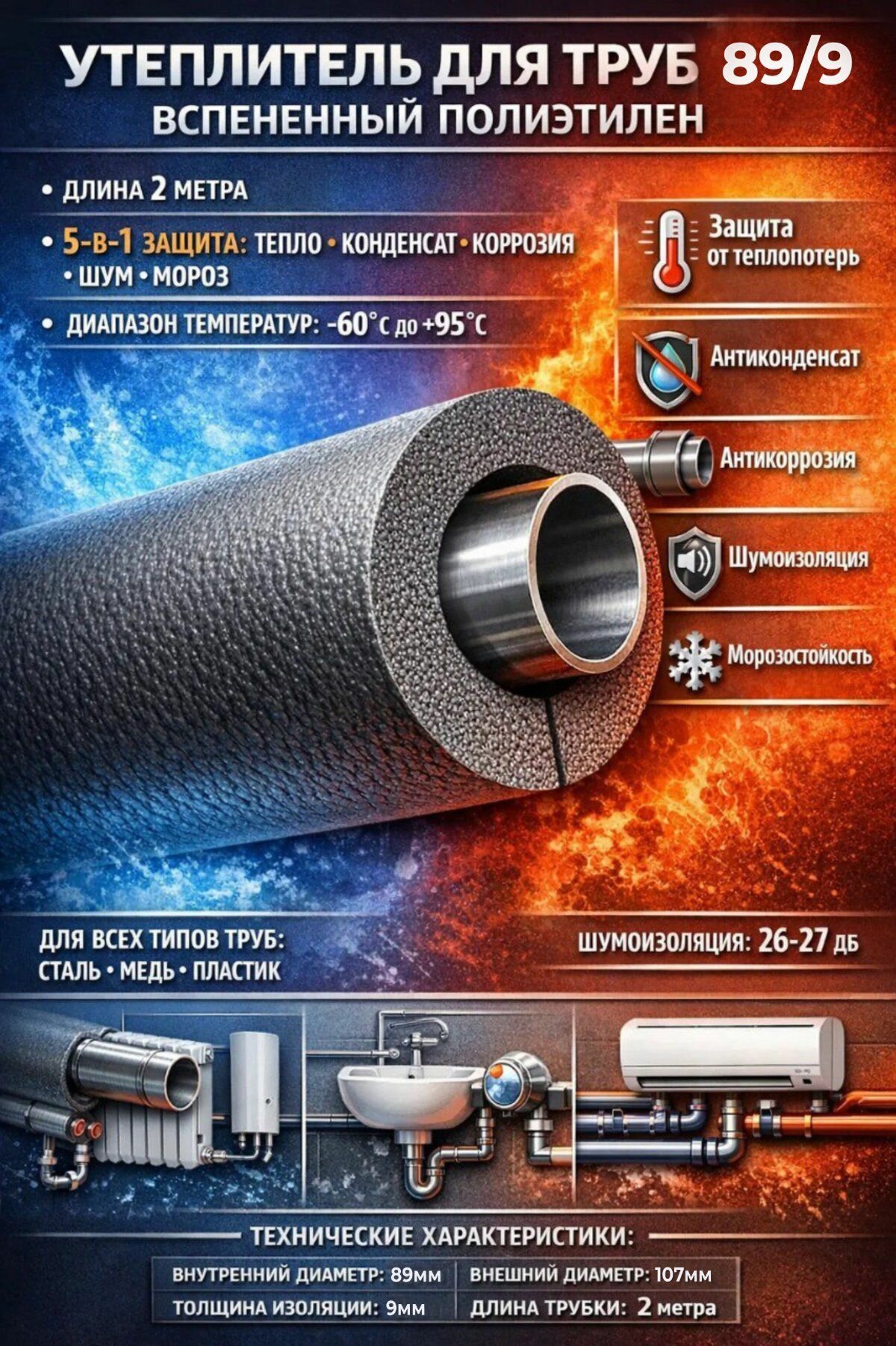 Утеплитель для труб 89/9 - 2 метра (1шт) / вспененный полиэтилен / теплоизоляция / звукоизоляция