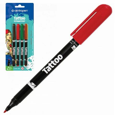 3 шт. Фломастеры для кожи 4 цвета CENTROPEN "Tattoo", + 16 трафаретов, смываемые, 2880/4BL, 628800405