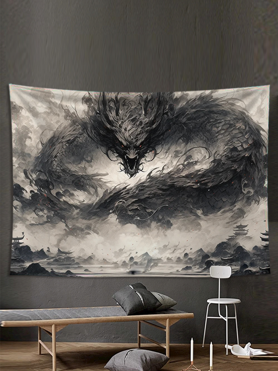 Черно-белый гобелен с изображением дракона, фоновая ткань для комнаты, настенное покрытие для спальни, декоративное