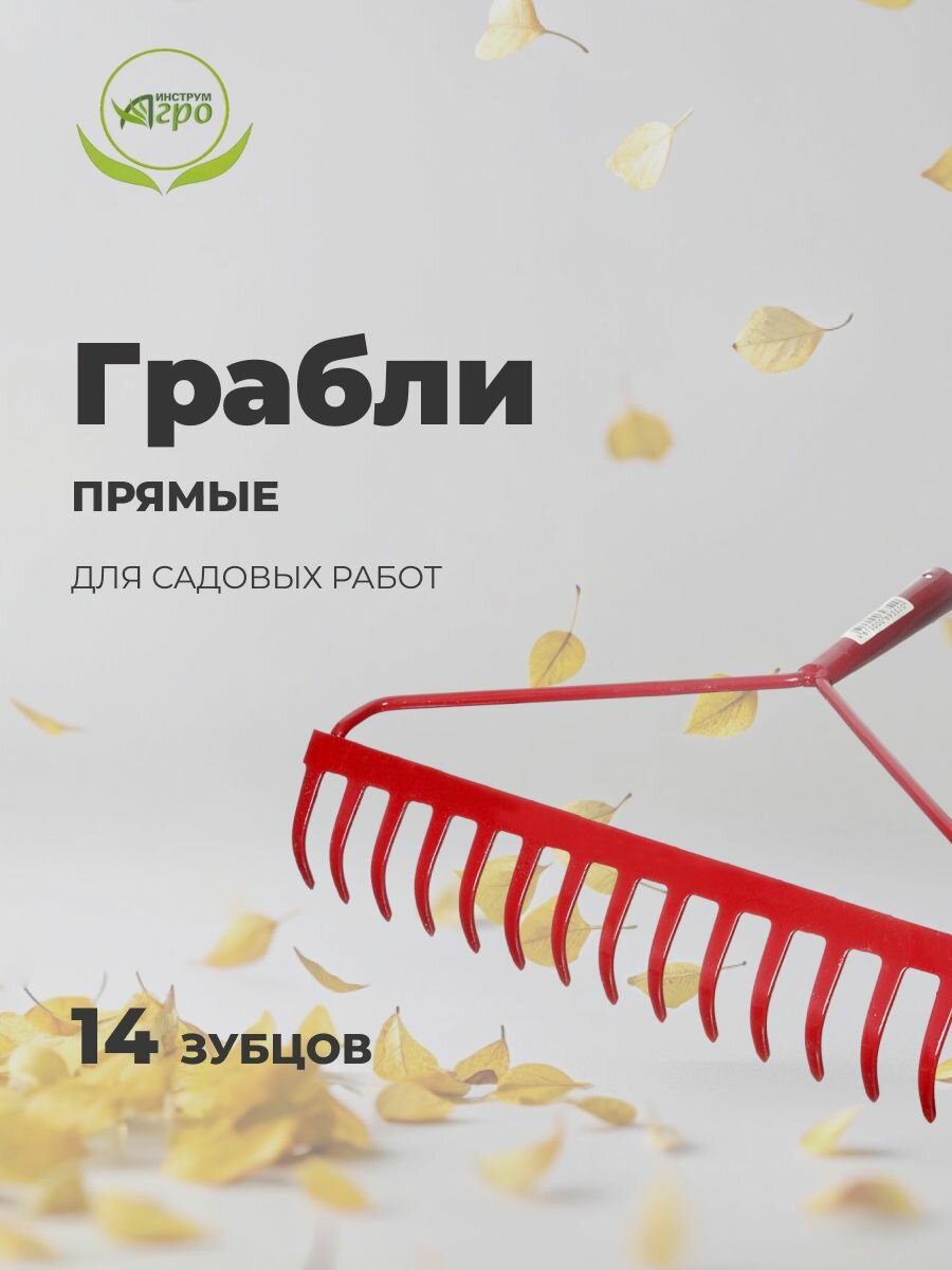 Грабли садовые прямые сталь 14 зубцов, без черенка, Инструм-Агро