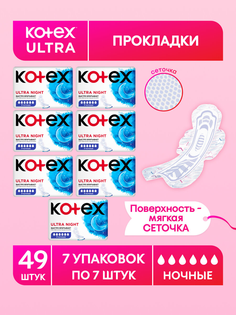 Прокладки женские ночные Kotex Ultra гигиенические, 49 шт (7 уп по 7 шт)