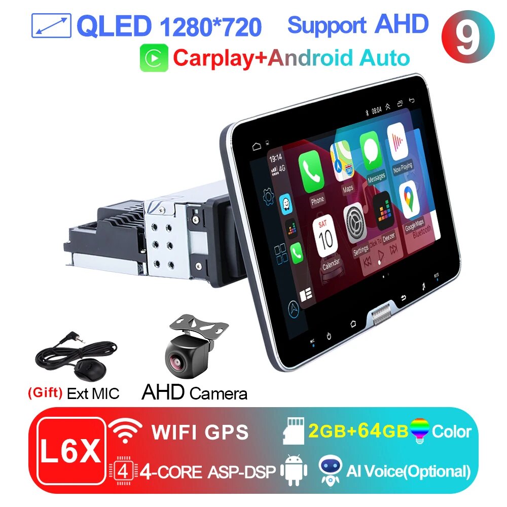 LEHX L6Pro 8Core Qled 10-дюймовое вращение 4G 1 Din Android 13 Автомобильное радио L6X(2-64GB)CAM