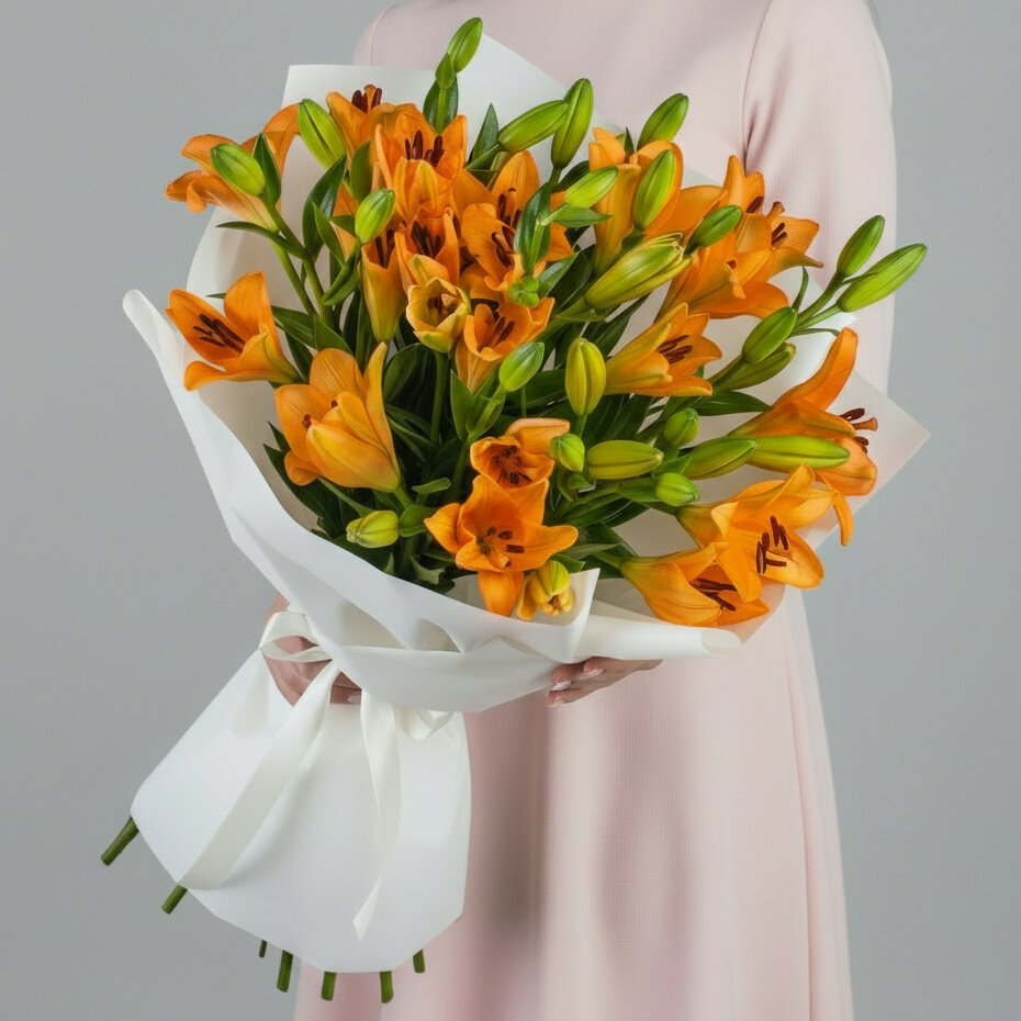 Букет Мегацвет24 "Оранжевые Лилии", дизайнерская упаковка, 9 лилий