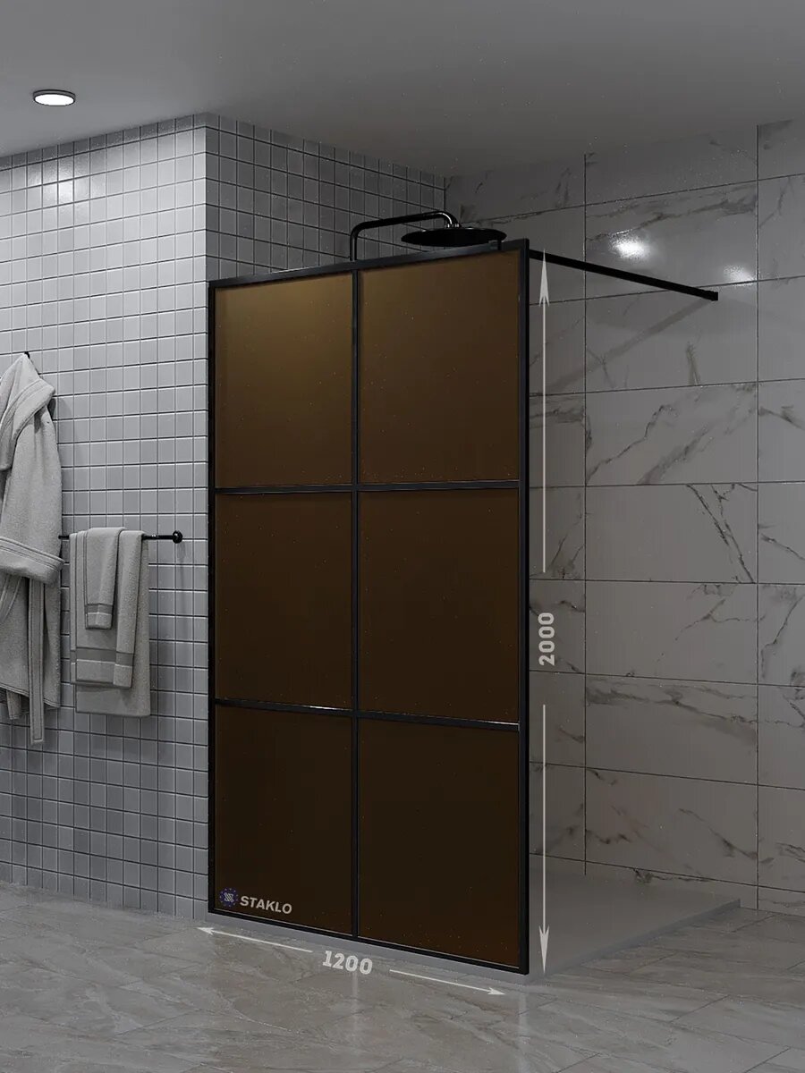 Loft душевая одиночная перегородка staklo 120x200 из бронзового матового стекла черная фурнитура