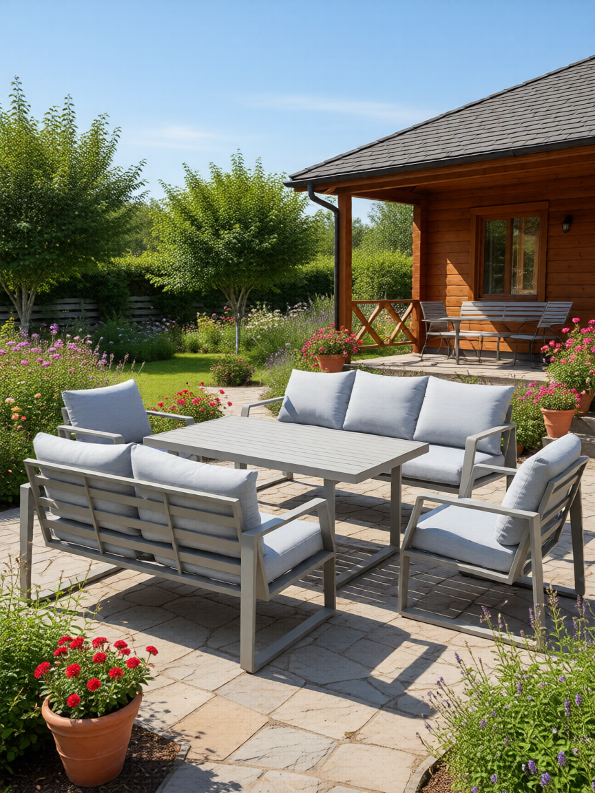 Садовая мебель от производителя, комплект для 7 персон премиум класса из металла, диваны, обеденный стол, кресло