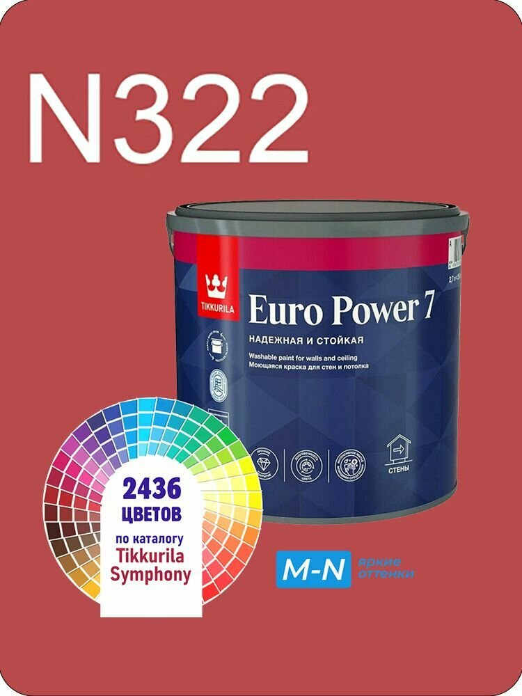 Краска для стен и потолков Tikkurila Euro Power 7 2,7л. яркие оттенки N322